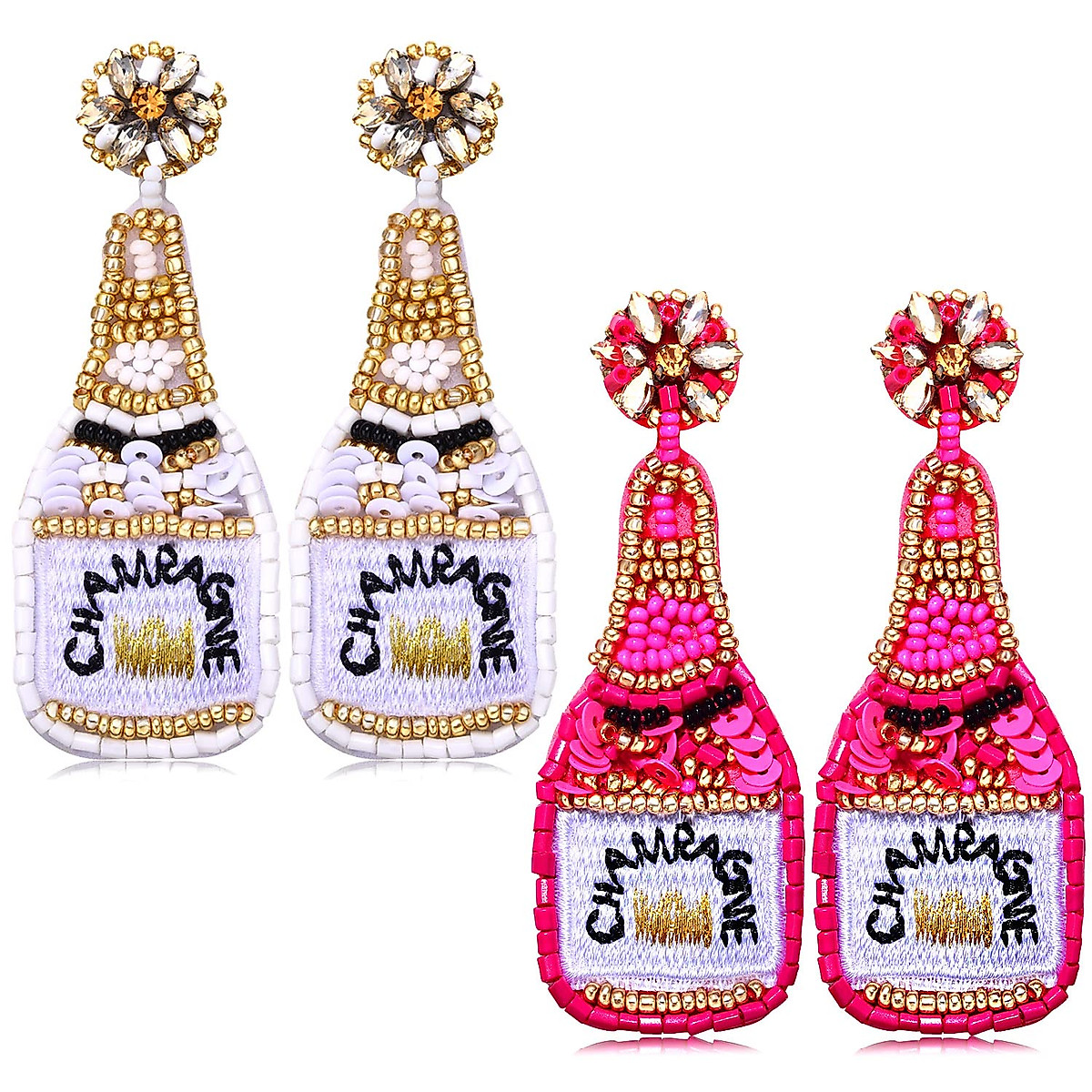 2Pairs Beaded Champagne Earrings for Women Statement Wine Bottle Dangle Earrings Sparkling Rhinestone Sequin Drop Earrings Party Celebration Gift (Rose Red+White)
