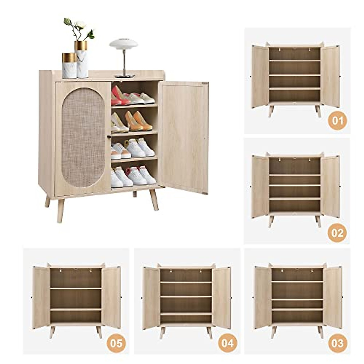 Wirrytor Rattan Shoe Cabinet, 16 Pairs Shoe Storage Cabinet With 4 Rattan Doors,4-Tier Modern Entryway Organizer Cabinet,Freestanding Shoe Rack Organizer Cabinet for Closet Hallway Living Room,Natural