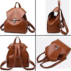 ZiMing Backpacks for Women Flap Backpacks Faux Leather Satchel Bag Snap Lock Shoulder Bags Purse Casual Ladies Daypack Purse-Brown