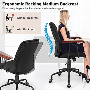 Giantex Home Office Desk Chair Black, Vintage Adjustable Swivel Rolling Chair with Copper Wheels & Armrest, Mid Century Leisure Chair, Velvet Upholstered Computer Chair for Work, Study