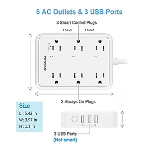 Smart Power Strip, TESSAN WiFi Flat Plug Strip with 3 Smart Outlets and 3 USB Ports, 6 Feet Extension Cord, Wall Mountable Surge Protector, Compatible with Alexa and Google Home, White