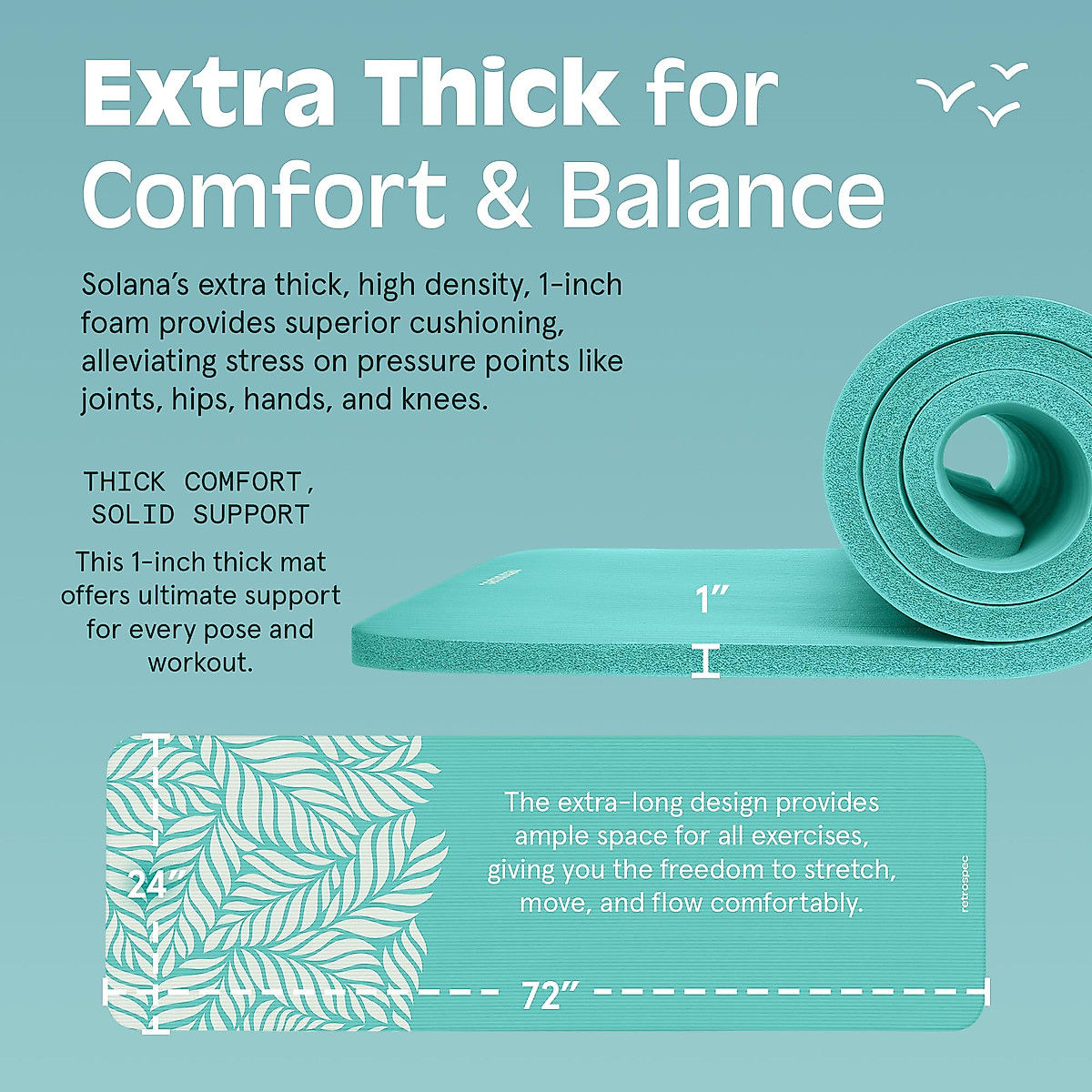 Retrospec Solana Yoga Mat 1" Thick w/Nylon Strap for Men & Women - Non Slip Exercise Mat for Home Yoga, Pilates, Stretching, Floor & Fitness Workouts - Blue Lagoon