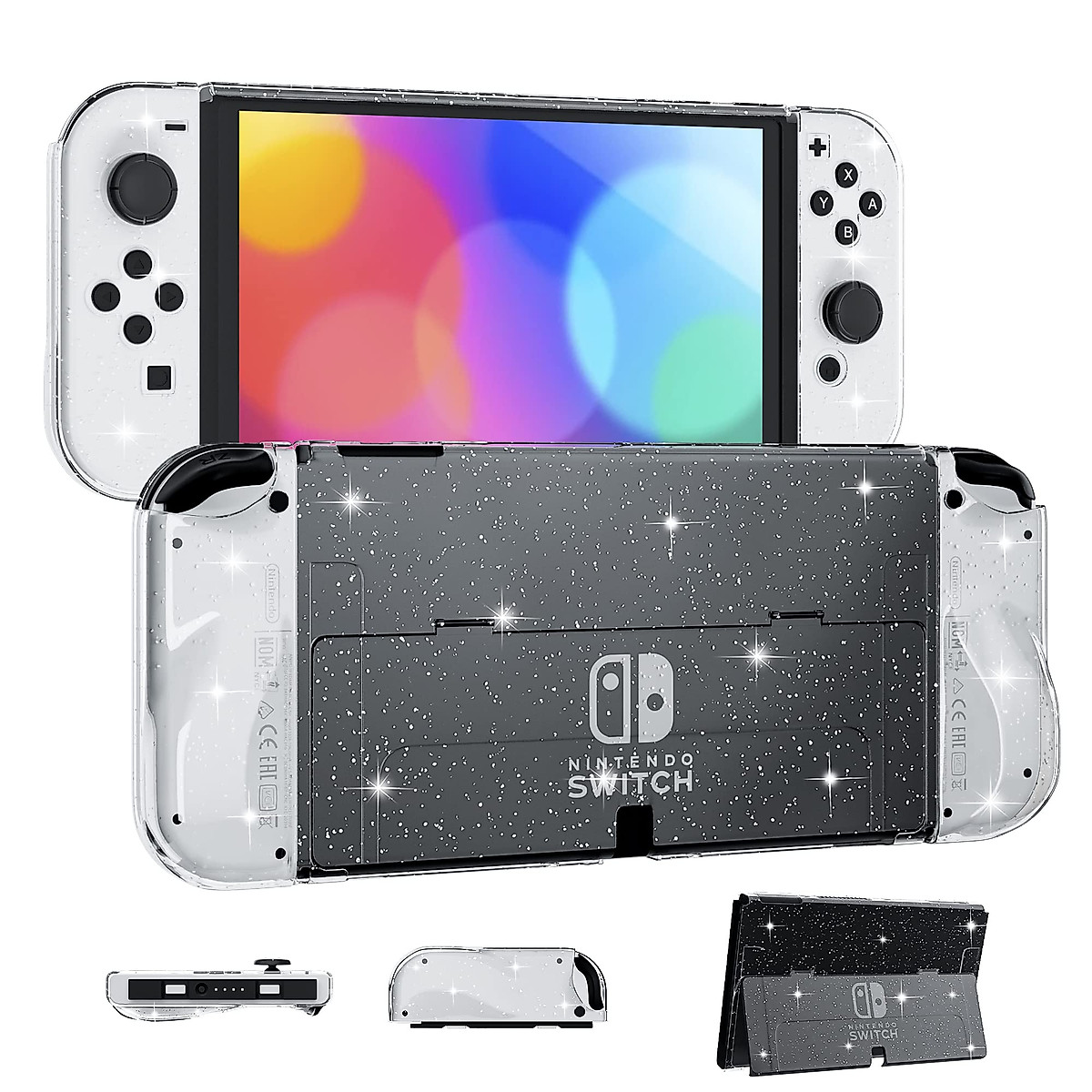 GLDRAM Upgrade Glitter Case for Nintendo Switch OLED 2021, Dockable PC Protective Cover for Switch OLED Console, and Ergonomic TPU Grip Case for Joycon - Sparkle Shell
