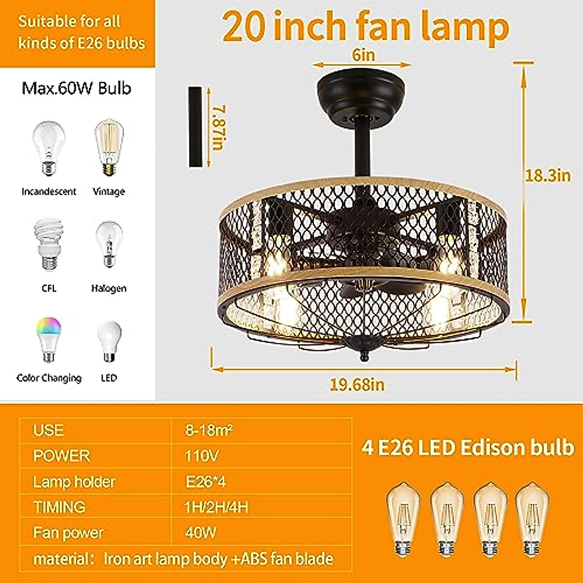 Ceiling Fans with Lights and Remote - Low Profile Ceiling Fan 20 inch - Powerful Bedroom Ceiling Fan with 7 Blades - Adjustable, Noiseless - Safe Indoor, Outdoor Caged Ceiling Fan with Light