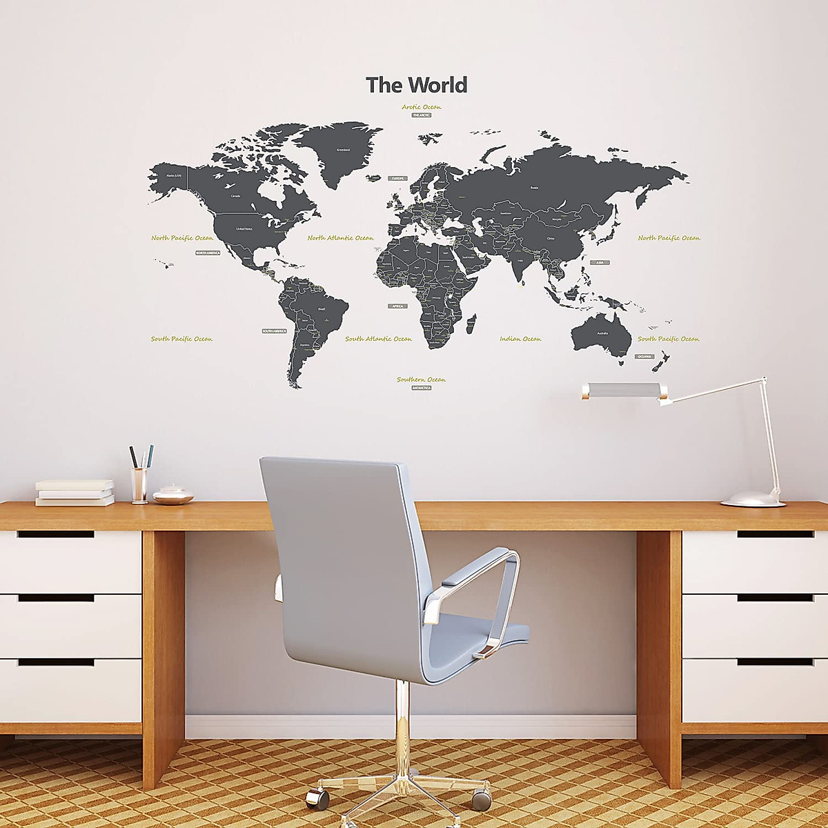 DECOWALL DL2-1509G Large Modern Grey World Map Kids Wall Stickers (46x27 inch) Wall Decals Peel and Stick Removable Wall Stickers for Kids Nursery Bedroom Living Room Decor