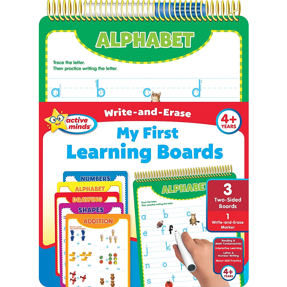 Active Minds - Write-and-Erase - Wipe Clean Learning Boards Ages 4+ - Numbers, Addition, Alphabet, Shapes, and Drawing