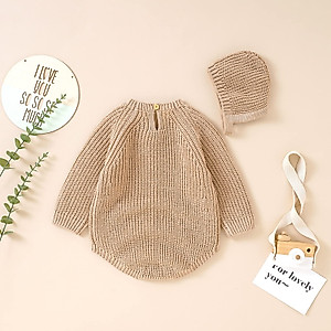 Newborn Baby Girl Boy Knit Sweater Romper Neutral One Piece Bodysuit Pullover Fall Winter Clothes (Hat Khaki, 0-3M)