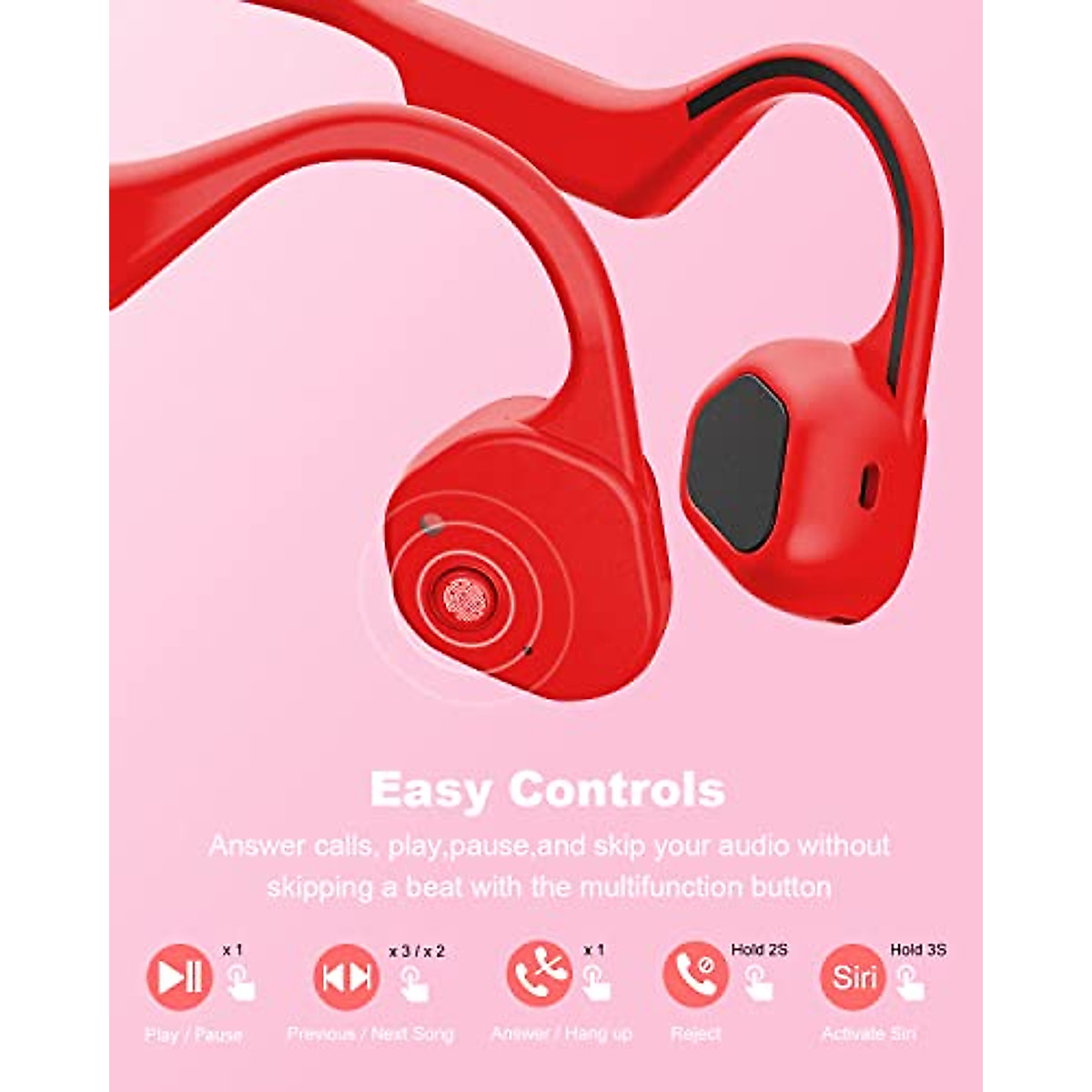VIDONN Open-Ear Headphones, Air Conduction Wireless Earphones, Sweat Resistant Sport Bluetooth Earphones for Workouts and Running -Doesn't Hurt Your Ears-Long Battery Life-Built-in Mic (Red)