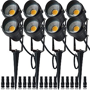 ELEGLO 5W Low Voltage LED Landscape Lights,12V/24V AC/DC Landscape Lighting,Outdoor Lawn Tree Flag Spotlights with Spike Stand,IP65 Waterproof Garden Pathway Lights (8 Pack Warm White with Connector)