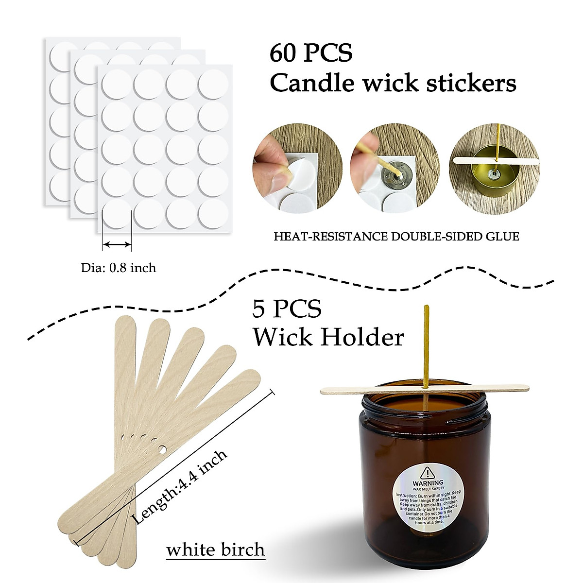 Nuozme 50 Pcs 6" Natural Candle Wicks,Pre-Waxed by 100% Beeswax & Tabbed with 60Pcs Candle Wick Stickers and 5 Pcs Wooden Candle Wick Centering Device, for Candle Making，Candle DIY