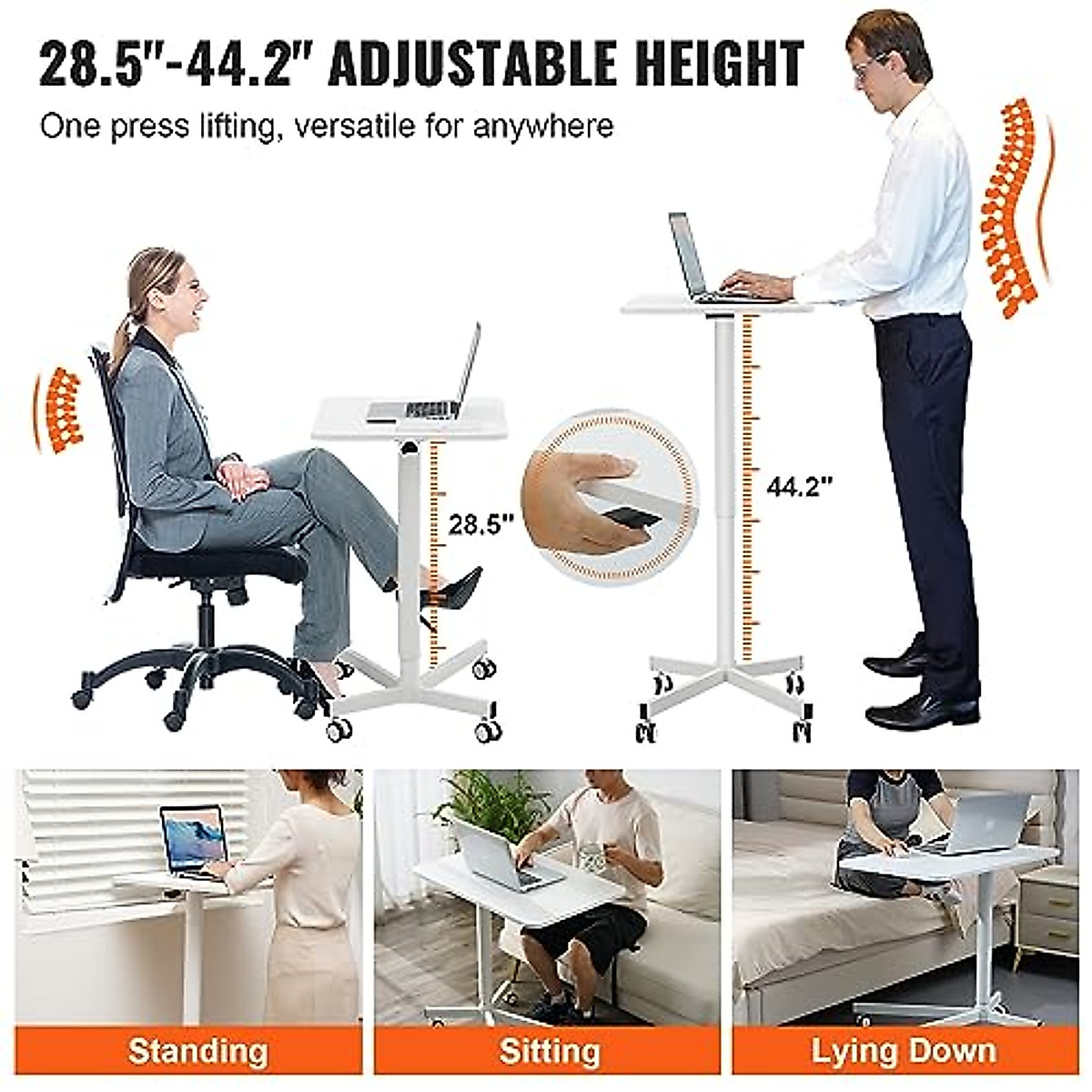VEVOR 28.5"-44.2" Gas-Spring Height Adjustable Sit-Stand Desk 360° Swivel Wheels (2 Lockable) Portable Rolling Laptop Table Computer Cart for Home Office School, 44LBS Loading, 29.1 x 18.9 inch, White