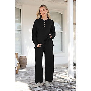 PRETTYGARDEN Women's 2 Piece Tracksuit Outfits 2024 Fall Knit Sweater And Wide Leg Pants Sweatsuit Lounge Sets (Black,Large)