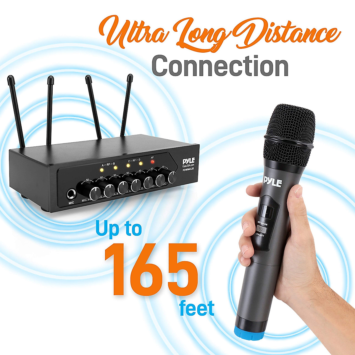 Pyle Portable UHF Wireless Microphone System - Battery Operated Four Bluetooth Cordless Microphone Set with 50 Channels Selectable Frequency, Receiver Base, AUX, PA Karaoke DJ Party - Pyle PDWM4120