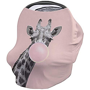 Giraffe Baby Car Seat Cover, Multi-Use Nursing Cover for Boys, Girls, Infants, Snug Warm Stroller Covers for Babies, Funny Animal Giraffe Blowing Bubble Pink