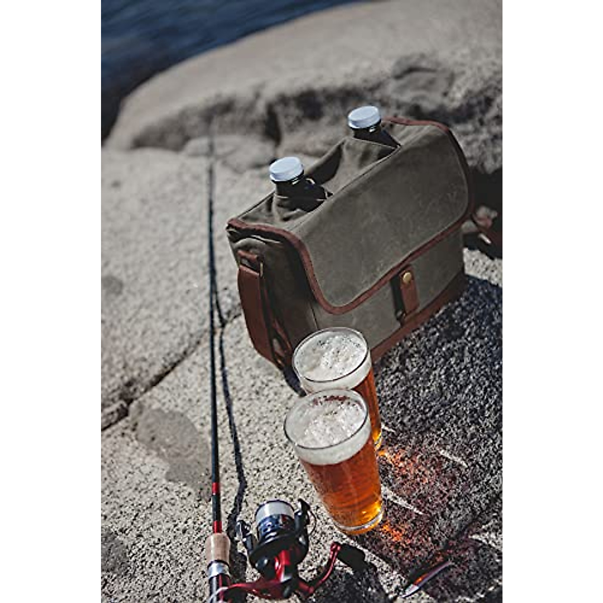 LEGACY - a Picnic Time brand Insulated Double Glass Growler Tote, Beer Gifts for Men, Waxed Canvas Tote Bag Water Bottle Carrier, (Khaki Green with Brown Accents)