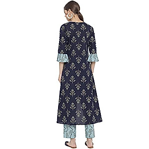 Yash Gallery Women's Cotton Floral Print A-line Kurta Pant Set (Blue)