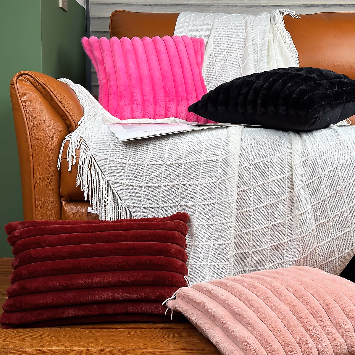 16x16 Throw Pillow Covers Set of 2, Decorative Faux Fur Covers for Bed, Couch Soft Fluffy Pillow Cover with Velvet Back for Living Room, Neutral Home Décor Accent for Sofa - Pink