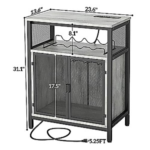 Unikito Wine Bar Cabinet with RGB Light and Outlet, FreeStanding Wine Rack Table, Liquor Cabinet with Glass Holder, Floor Bar Cabinet for Liquor and Glasses for Home Kitchen Dining Room, White Oak