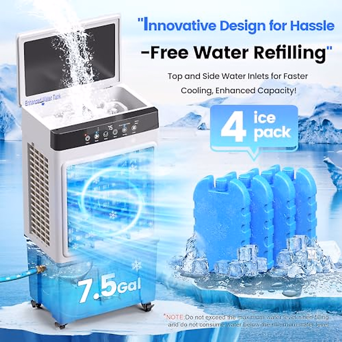 Evaporative Air Cooler, 3500CFM 3-in-1 Swamp Cooler with 7.5Gal Water Tank, 120° Oscillation, 3 Speeds 3 Modes, 4 Ice Packs, 12H Timer, Remote, Portable Air Conditioner for Room, Home & Office
