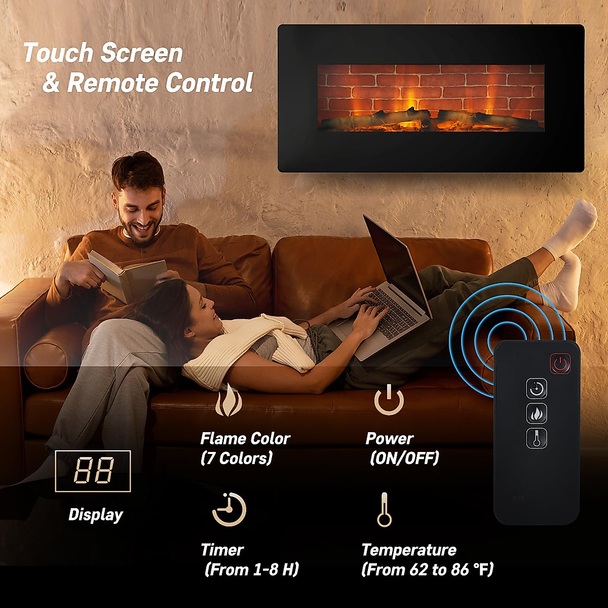 YUSING 36 inch Freestanding Electric Fireplace, Wall Mounted and Freestanding Fireplace Heater, 7 Flame Colors, Adjustable Temperature and Timer, 1500W Control by Touch Panel & Remote