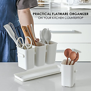 SHIMOYAMA Silverware Organizer for Kitchen Table Countertop, Plastic Utensil Holder 4-Section Spliceable Cutlery Caddy for Party, Small Flatware Storage Crock for Fork Spoon Knife, White