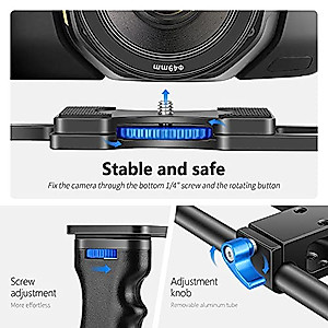 NEEWER Camera Video Cage Film Movie Making Kit, Aluminum Alloy with Top Handle, Dual Hand Grip, Two 15mm Rods, Compatible with Canon Sony Fujifilm Nikon DSLR Camera and Camcorder (Black + Blue)