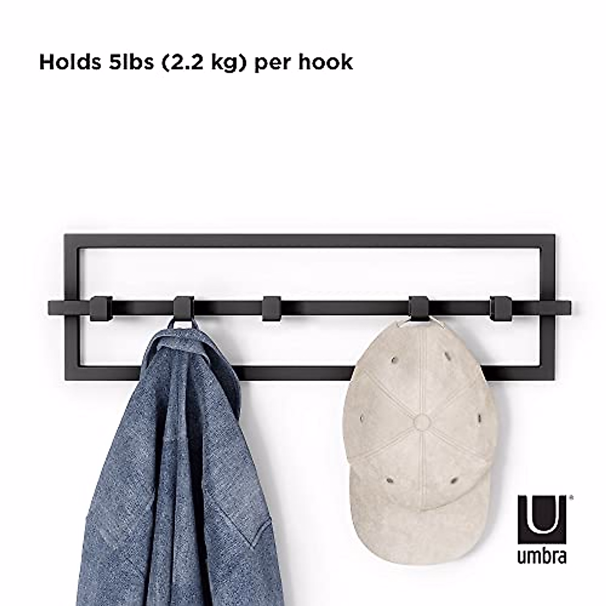 Umbra Cubiko Wall Mounted Modern, Sleek, Space-Saving Hanger with Retractable Hooks to Hang Coats, Scarves, Purses and More, 5, Black