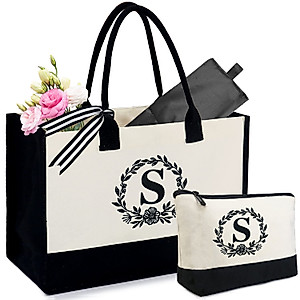 BeeGreen Initial Tote Bags for Women w Makeup Bag Monogram Embroidery Tote Bags w Inner Zipper Pocket Personalized Gifts for Friends Birthday Mother Hostess Bridesmaid Letter S