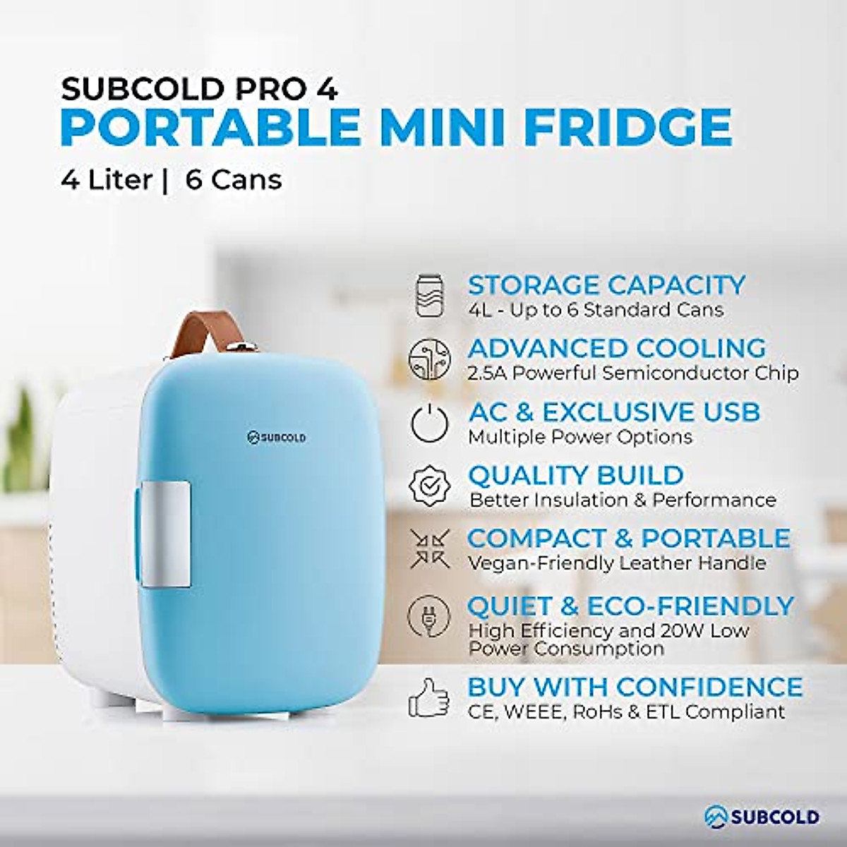 Subcold Pro4 Luxury Mini Fridge Cooler 4 Litre / 6 Cans AC & Exclusive USB ECO Power Option | Portable Small Refrigerator For The Office, Bedroom, Car, Travel, Skincare & Cosmetic (Blue)