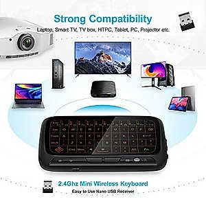 ILEBYGO 2.4Ghz Mini Wireless Keyboard Touchpad Combo with 3 Level Backlit Rechargeable Full Screen Remote Control for Android TV Box, Projector, IPTV, HTPC, PC, Laptop