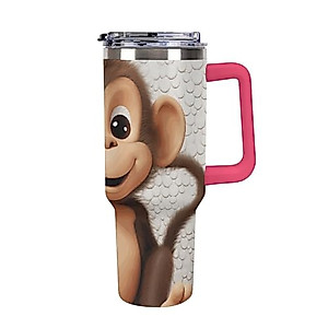 LLUTSNTH 40 Oz Vacuum Tumbler with Light Rose Red Handle Leakproof Insulated Tumbler Cute Monkey Stainless Steel Travel Mug with Lid And Straw Coffee Cup Cute Water Bottles Cup Holder Friendly