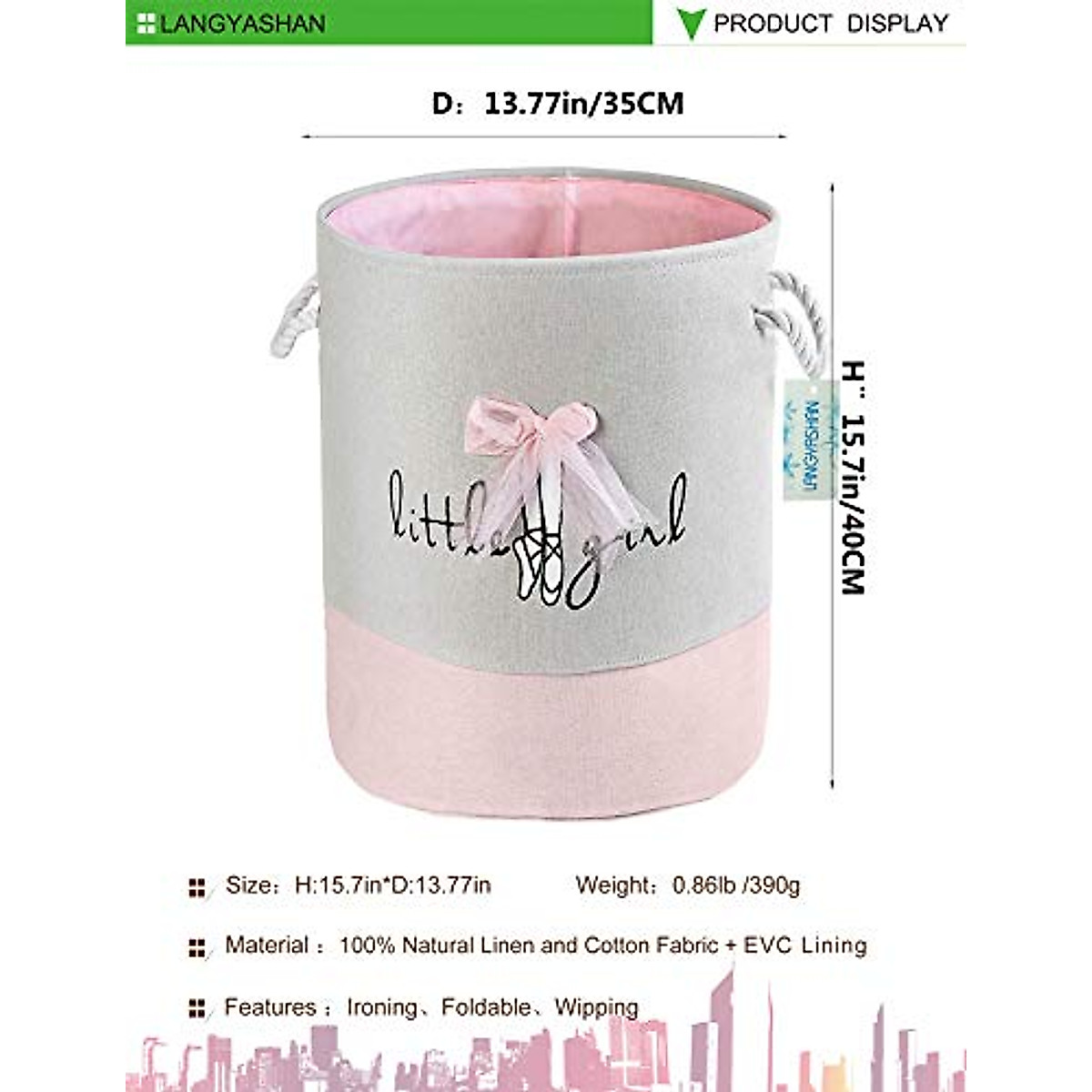 LANGYASHAN Laundry Basket Canvas Collapsible Organizer Storage Basket for Boys Girls Laundry Hamper Toy Bins Gift Baskets Bedroom Clothes Children Nursery (Pink Lace)