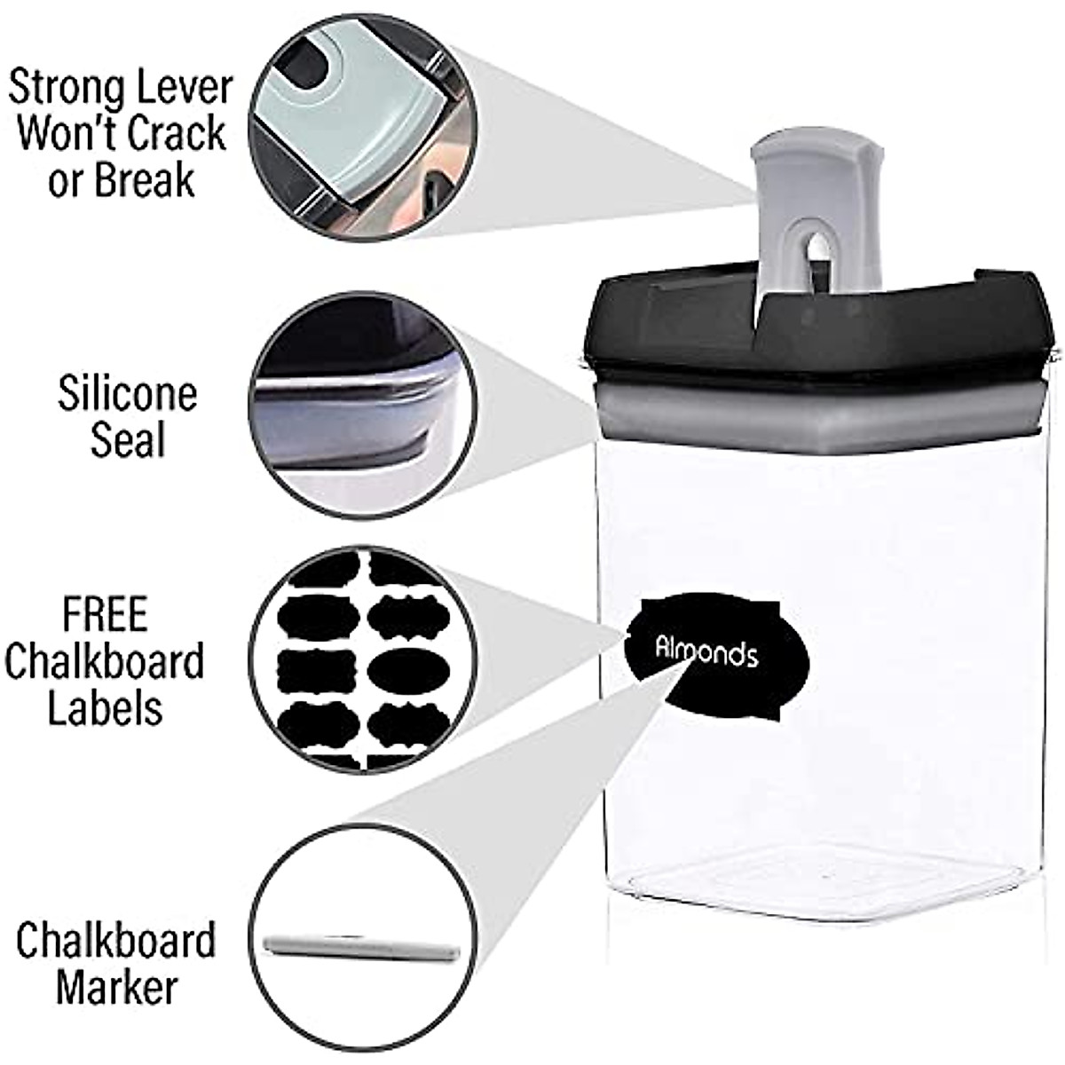 Airtight Food Container - 7 PC BPA Free Plastic Food Storage Containers with Easy Lock Lids - Stackable Sugar, Flour, Cereal & Beans Containers with Labels & Marker included (Lid Black)