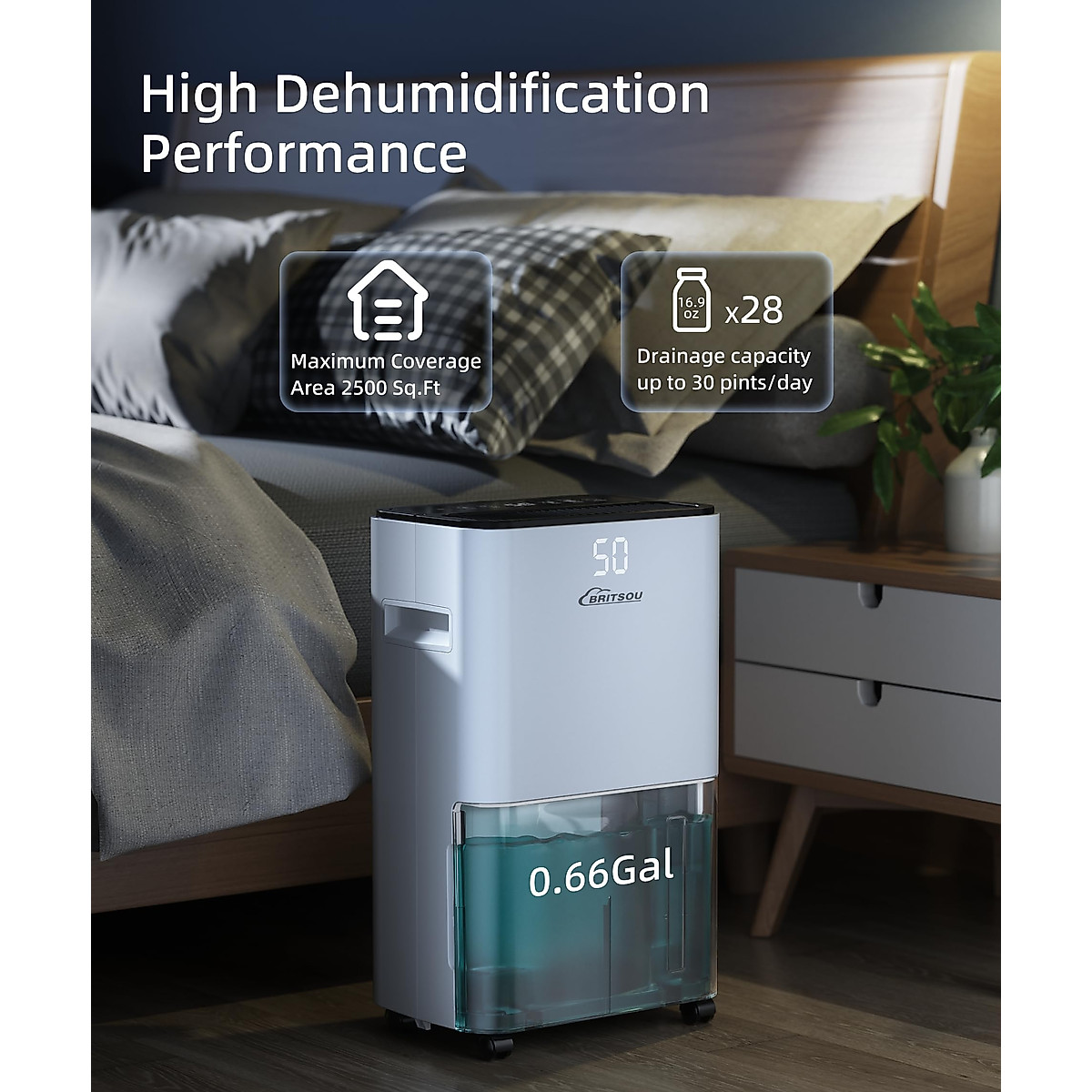 34 Pint Dehumidifier for Basement with Drain Hose & 0.66 Gallon Tank, BRITSOU Dehumidifiers for Home with Auto Shut off, 24HR Timer, Ideal for Home Bedroom Bathroom