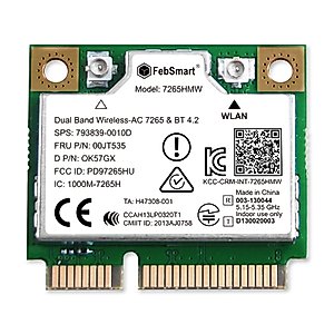 FebSmart Mini PCIE WiFi Adapter with WiFi Stereo Adapter, Wireless-AC 1200Mbps (2.4GHz 300Mbps or 5G 867Mbps), for Windows 7, 8.1, 10, 11(32/64bit) & Linux 4.2+, Wireless-AC 7265HMW