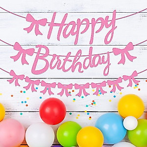 TaoBary Pink Bow Happy Birthday Decorations Glitter Pre Strung Coquette Birthday Banner Party Decorations Girl Cute Themed Birthday Party Decors for Bridal Shower Wedding Coquette Party Decor Supplies