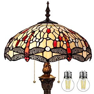 WERFACTORY Tiffany Floor Lamp Dragonfly Amber Stained Glass Standing Reading Light 16X16X64 Inches Antique Pole Corner Lamp Decor Bedroom Living Room Home Office S557 Series