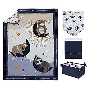 NoJo Goodnight Sleep Tight White & Blue Koala, Sloth, Bear, Star, & Moon 4Piece Nursery Crib Bedding Set, Navy, Light Blue, Grey, White