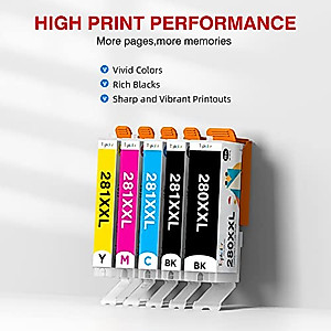 Topkolor 280XXL 281XXL Ink Cartridge Compatible for Canon 280 281 Ink for Printer TR8520 TS6320 TS6120 TR7520 TS6220 TS8120 TS8220 TS9120 TS9520 5 Pack(PGBK Black C M Y)