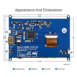 Waveshare 5 Inch HDMI LCD Screen 800x480 TFT Capacitive Touch Screen Display Monitor for Raspberry Pi 4B/3B+/A+/B/2B/B+/A+/Zero W Compatible with Windows 10/8.1/8/7
