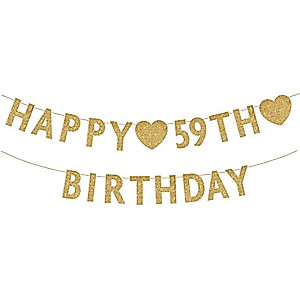 Gold Happy 59th Birthday Banner, Glitter 59 Years Old Woman or Man Party Decorations, Supplies