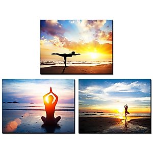 Biuteawal - 3 Pieces Seascape Painting Girl Do Yoga on the Beach Picture Print on Canvas Peaceful Wall Art for Yoga Room Home Bedroom Bathroom Wall Decoration Stretched and Framed