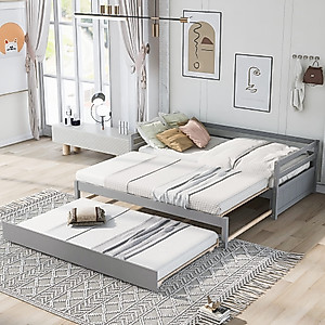 Merax Modern Extending Daybed with 2 Pop Up Trundle Beds Twin to King Wood Sofa Day Bed with Headboard No Box Spring Needed Grey