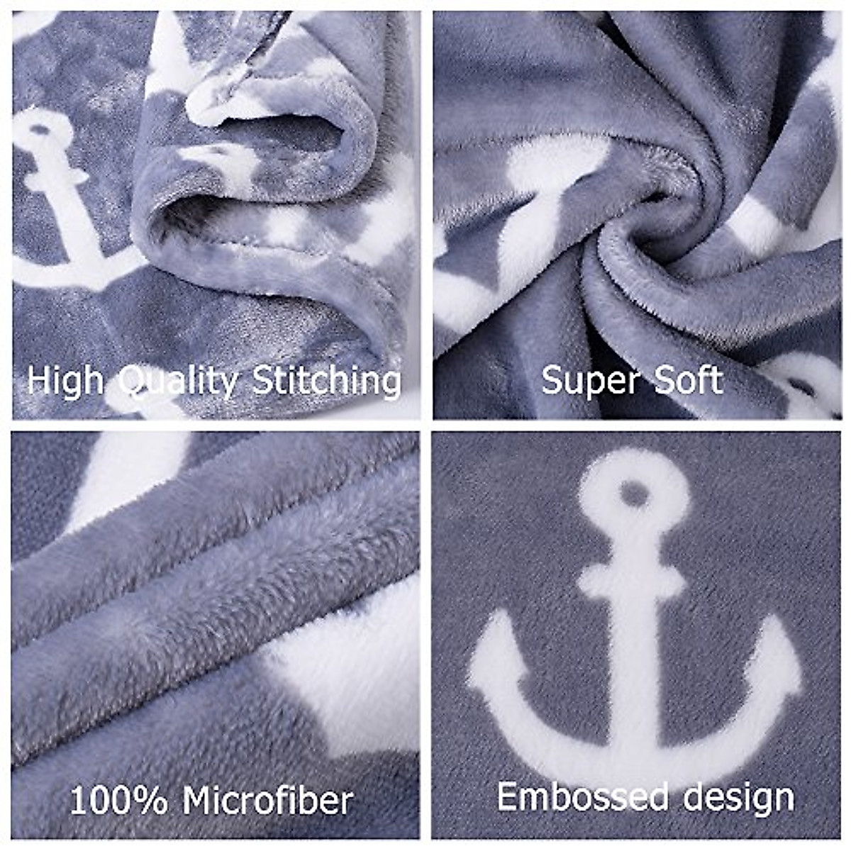 JML Flannel Blanket Sofa Couch Throw Blanket Super Soft Lightweight Microfiber Fuzzy Plush Throw Blanket Shawls and Wraps Anchor Fleece Throw for Adults,Pet,Travel,Home,Bed,Chair Decor- Grey Anchor