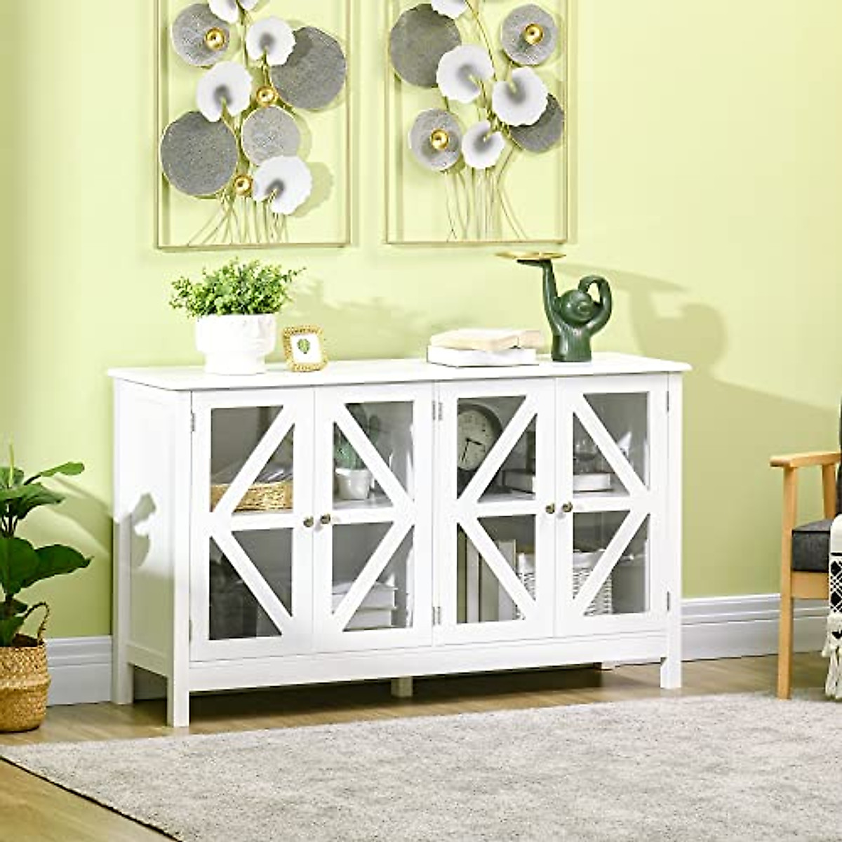 HOMCOM Sideboard, Buffet Cabinet with Tempered Glass Doors and Adjustable Storage Shelf, Credenza, White