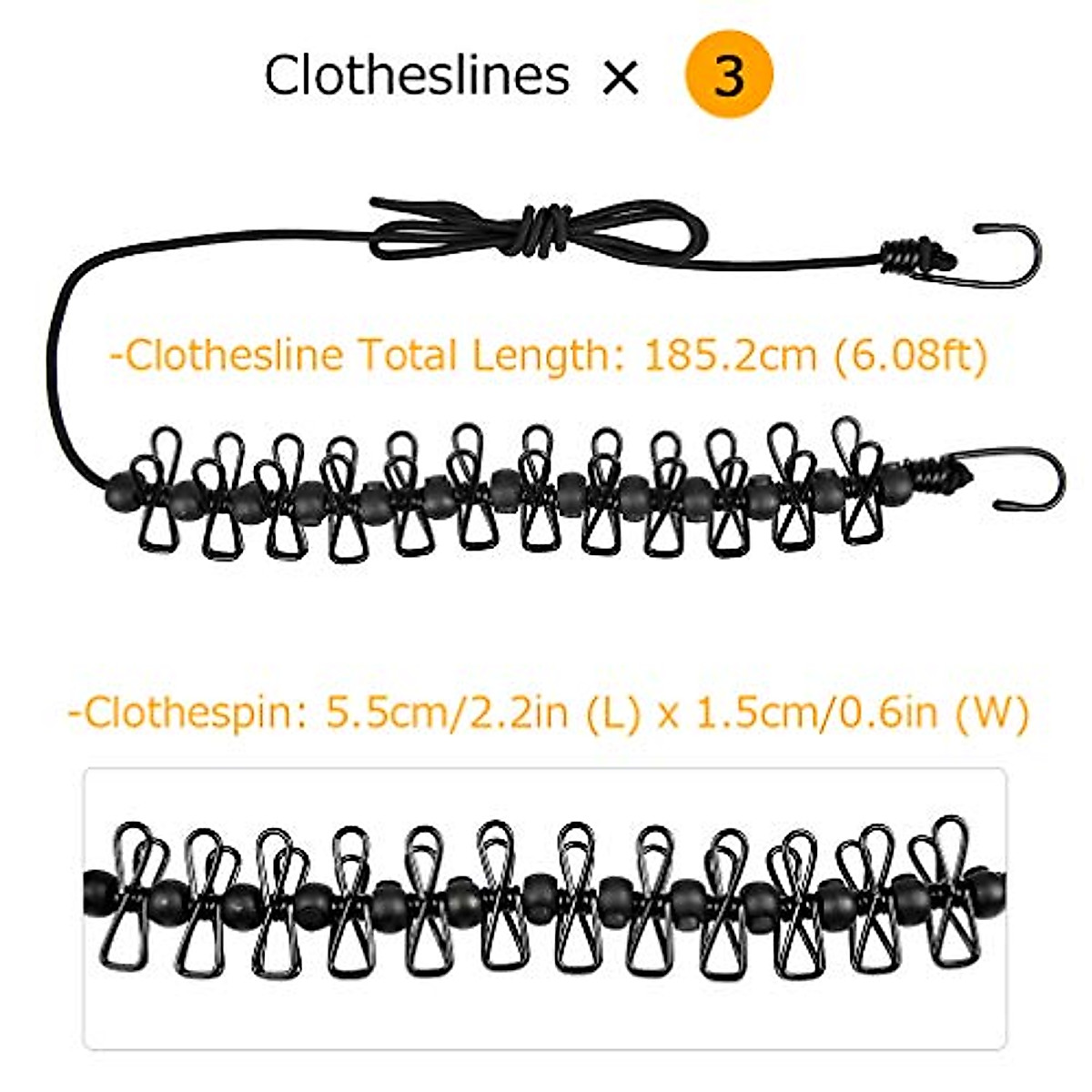 Roctee 3 Pack Portable Travel Clothesline with All 36 Clothespins, Retractable Clothesline Outdoor Laundry Line for Drying Clothes Heavy Duty Windproof (Black)