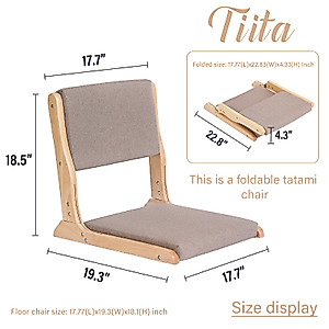 Tatami Chair Accent Furniture, Foldable Meditation Floor Chair, Folding Floor Chairs Seat, Portable Japanese Legless Chair, Back Rest Chair with Cushion, Wood Grey
