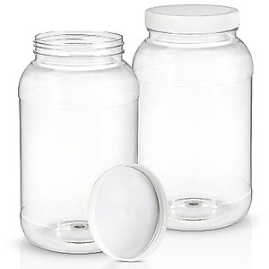 ZOOFOX 2 Pack Plastic Jars with Lids, 1 Gallon Wide Mouth Storage Containers, Empty Plastic Jars for Kitchen & Household Storage of Dry Goods, Peanut, Candy, Noodles