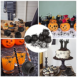 FOIMAS Mini Black Cauldron,6pcs Halloween Plastic Candy Kettle Bucket with 50pcs Spiders Decor for Halloween Trick or Treat Party Favor Home Decoration Supply