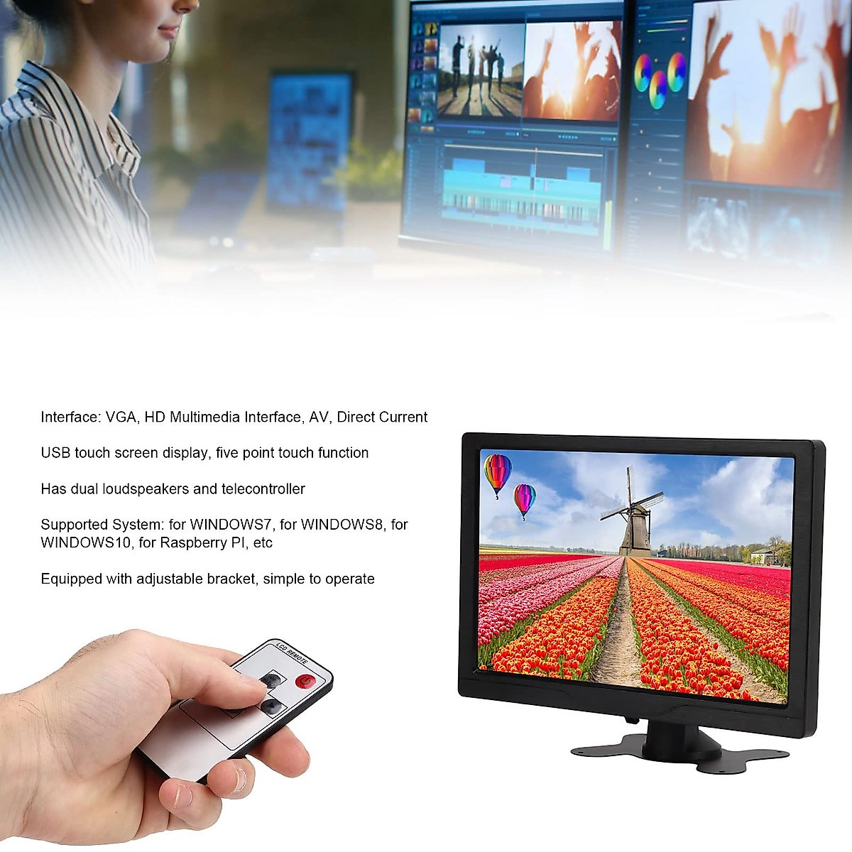 Naroote 10.1 Inch Monitor, Multiinterface HD Display Telecontroller Adjustable Bracket Home Dual (US Plug)
